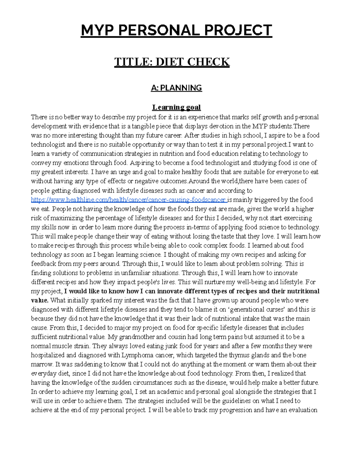 Final E-assessment draft Personal Project - MYP PERSONAL PROJECT TITLE ...