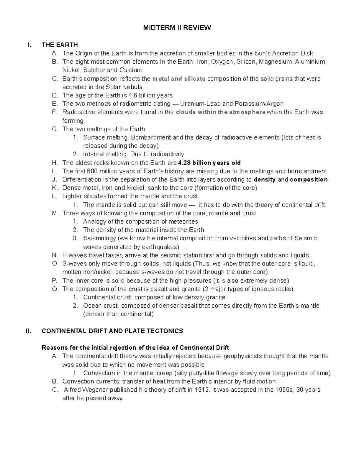 Midterm II Review - add - MIDTERM II REVIEW I. THE EARTH A. The Origin ...