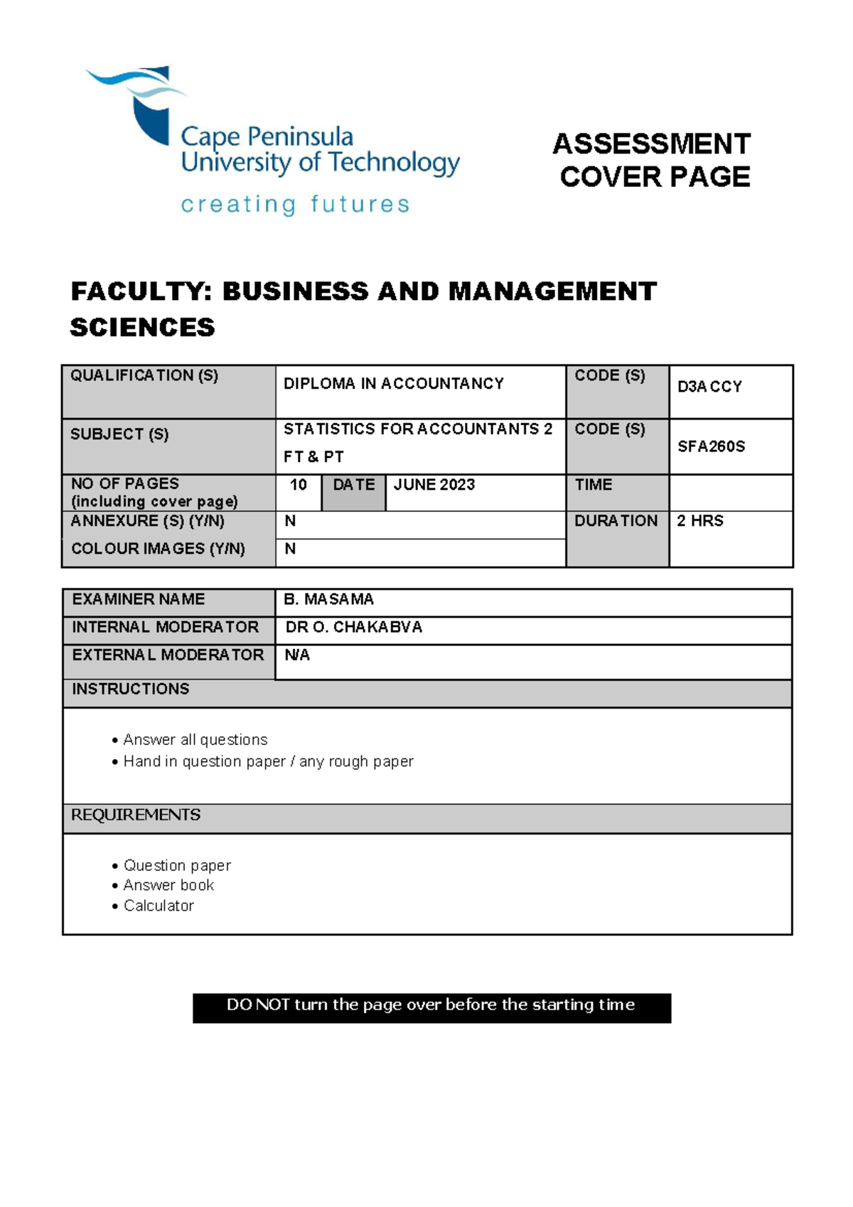 2023 June exam - Statistics for Accountants 2 - ASSESSMENT COVER PAGE ...