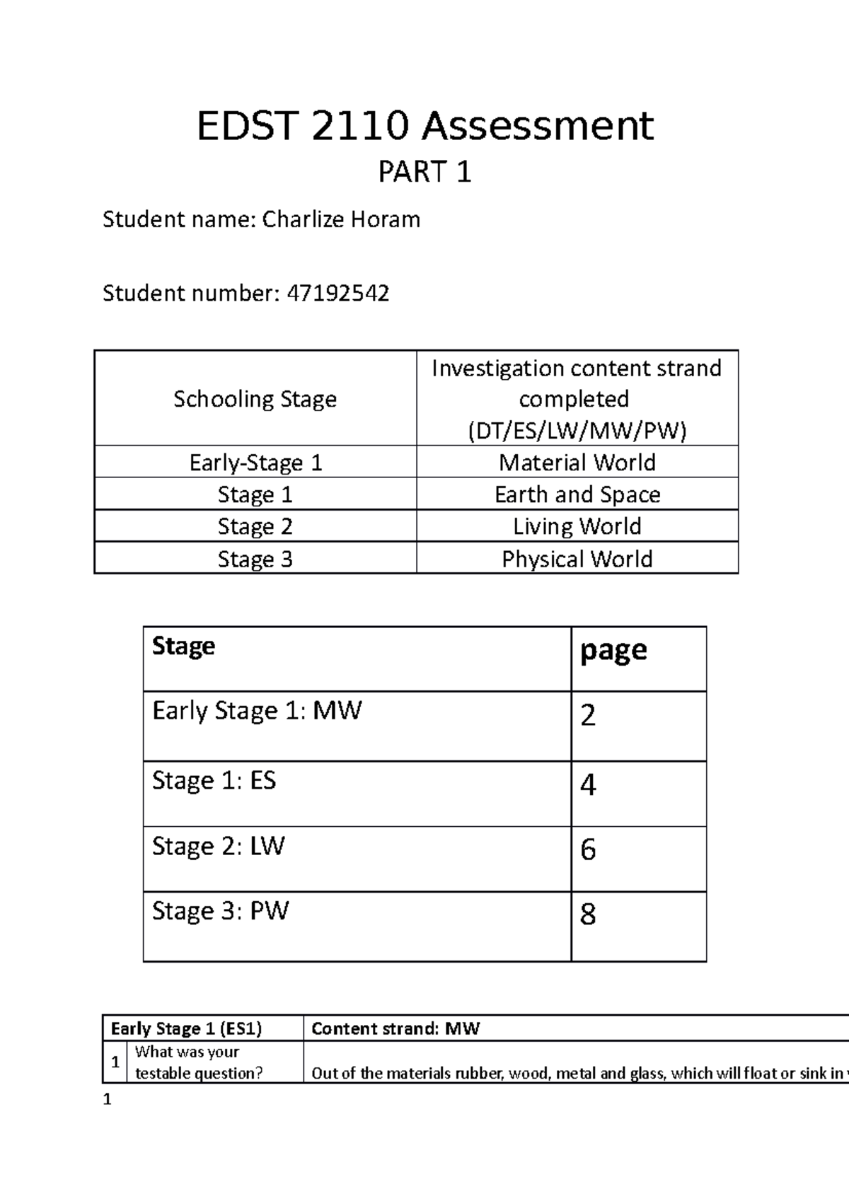 Part 1 - Part one - EDST 2110 Assessment PART 1 Student name: Charlize ...