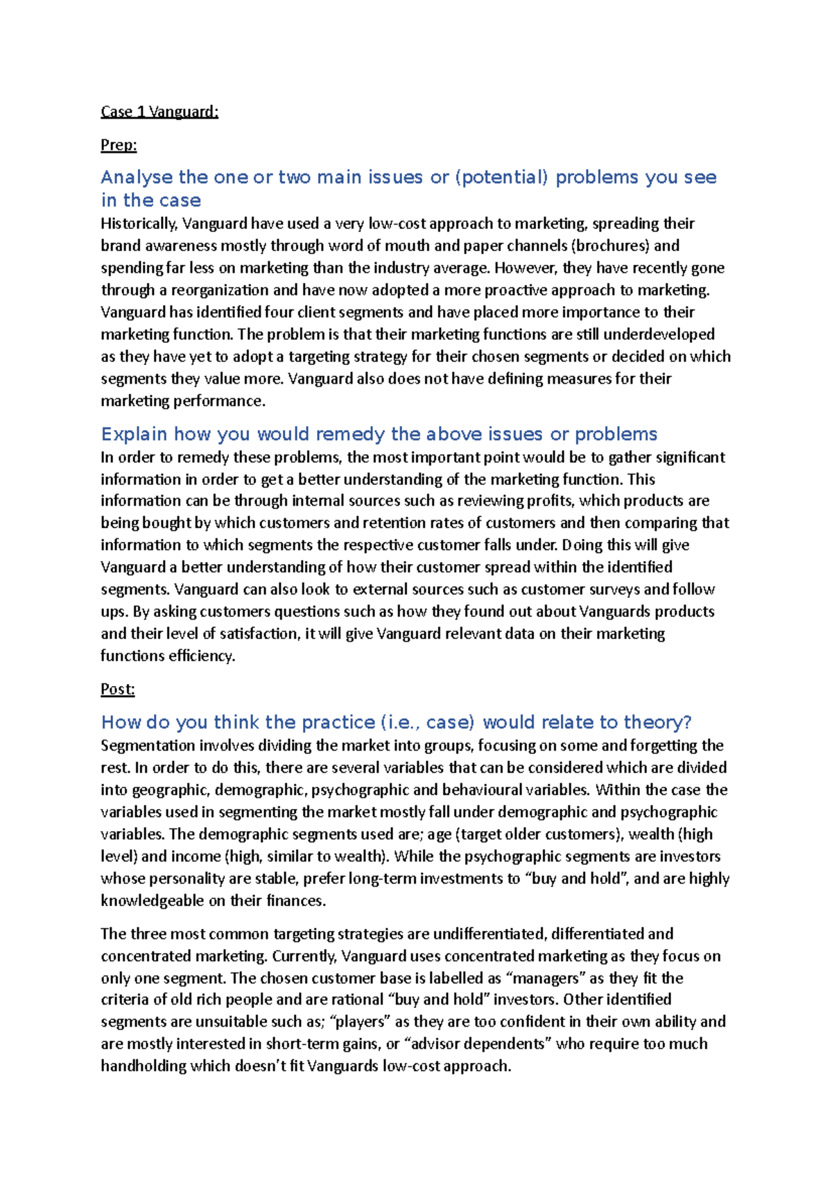 Case 1 Vanguard Post Work - Case 1 Vanguard: Prep: Analyse the one or ...