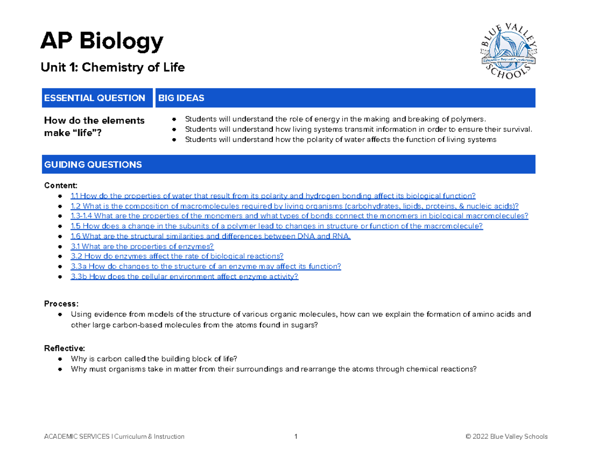 HS AP Biology - l;zxl;z - AP Biology Unit 1: Chemistry of Life ...