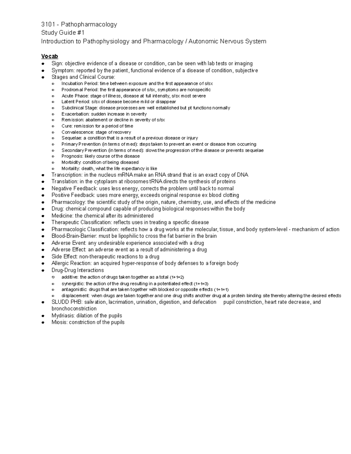 3101 study guide #1 - 3101 - Pathopharmacology Study Guide Introduction ...