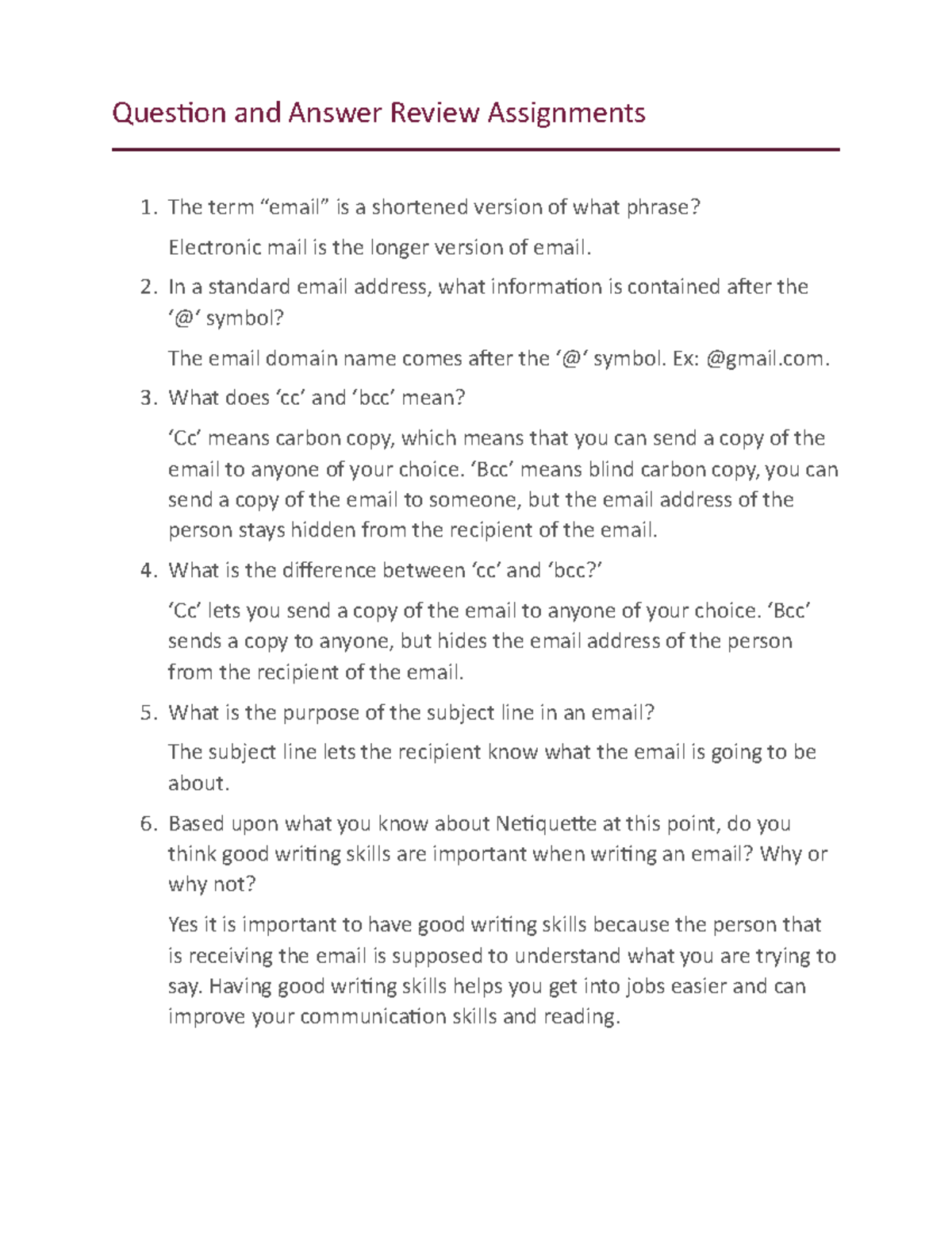 Document - Question and Answer Review Assignments The term “email” is a ...