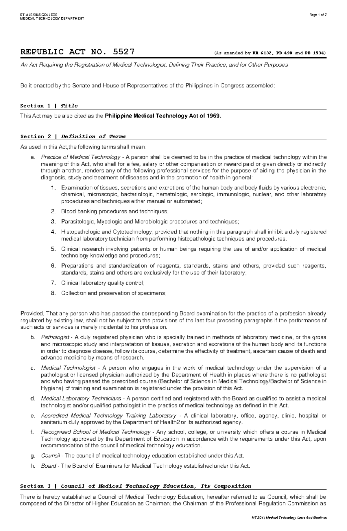 R.A 5527 - MEDICAL TECHNOLOGY DEPARTMENT REPUBLIC ACT NO. 5527 (As ...
