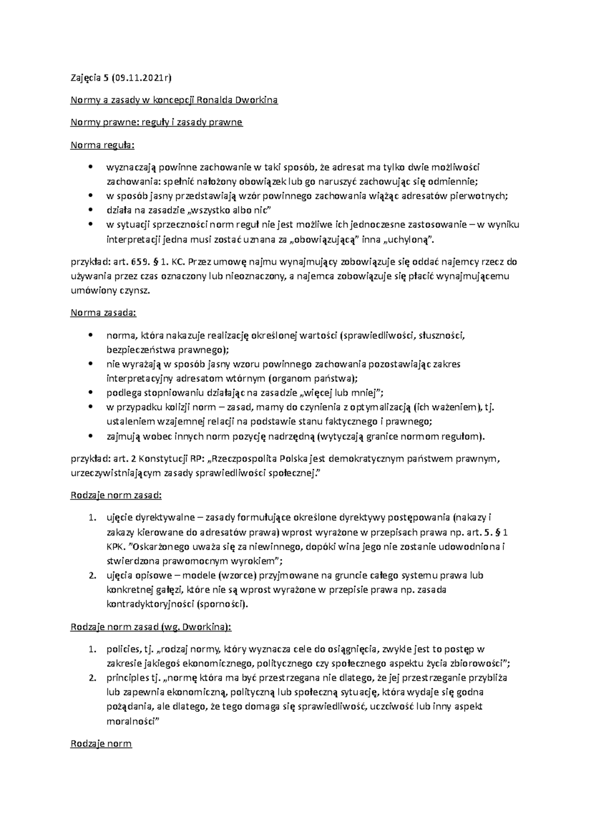 Wdp 5 - notatki - Zajęcia 5 (09.11) Normy a zasady w koncepcji Ronalda ...