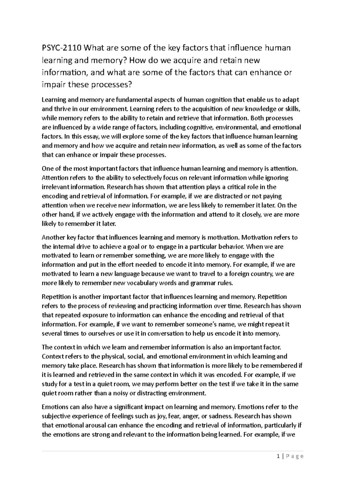 PSYC-2110 Human learning and memory - PSYC-2110 What are some of the key factors that influence ...