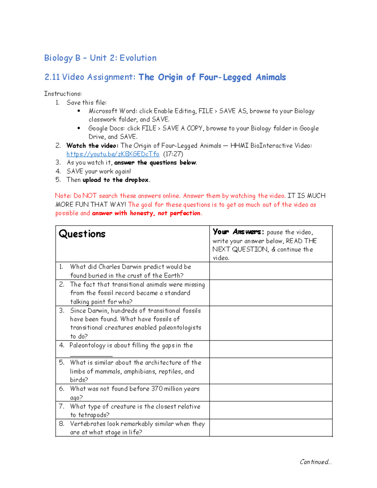 2.11 Video worksheet The Origin of Four-Legged Animals - Biology B ...