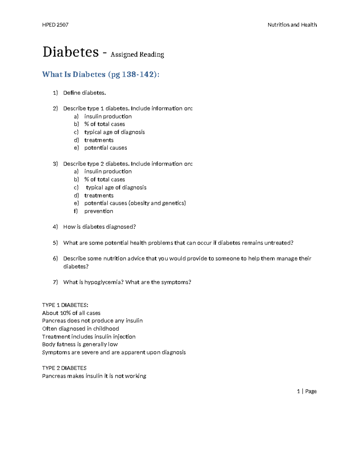 Diabetes Pre-Reading - notes - HPED 2507 Nutrition and Health Diabetes ...