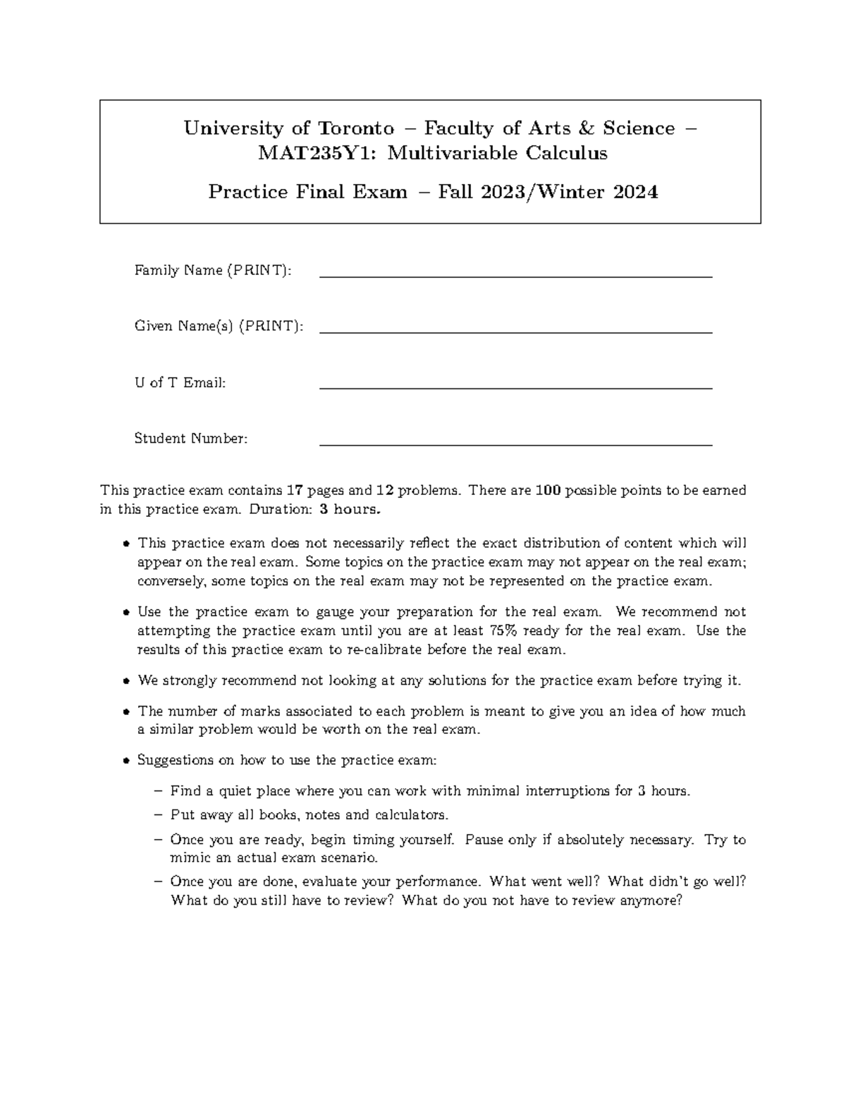 MAT235 Practice Exam 2023-24 - University of Toronto – Faculty of Arts ...
