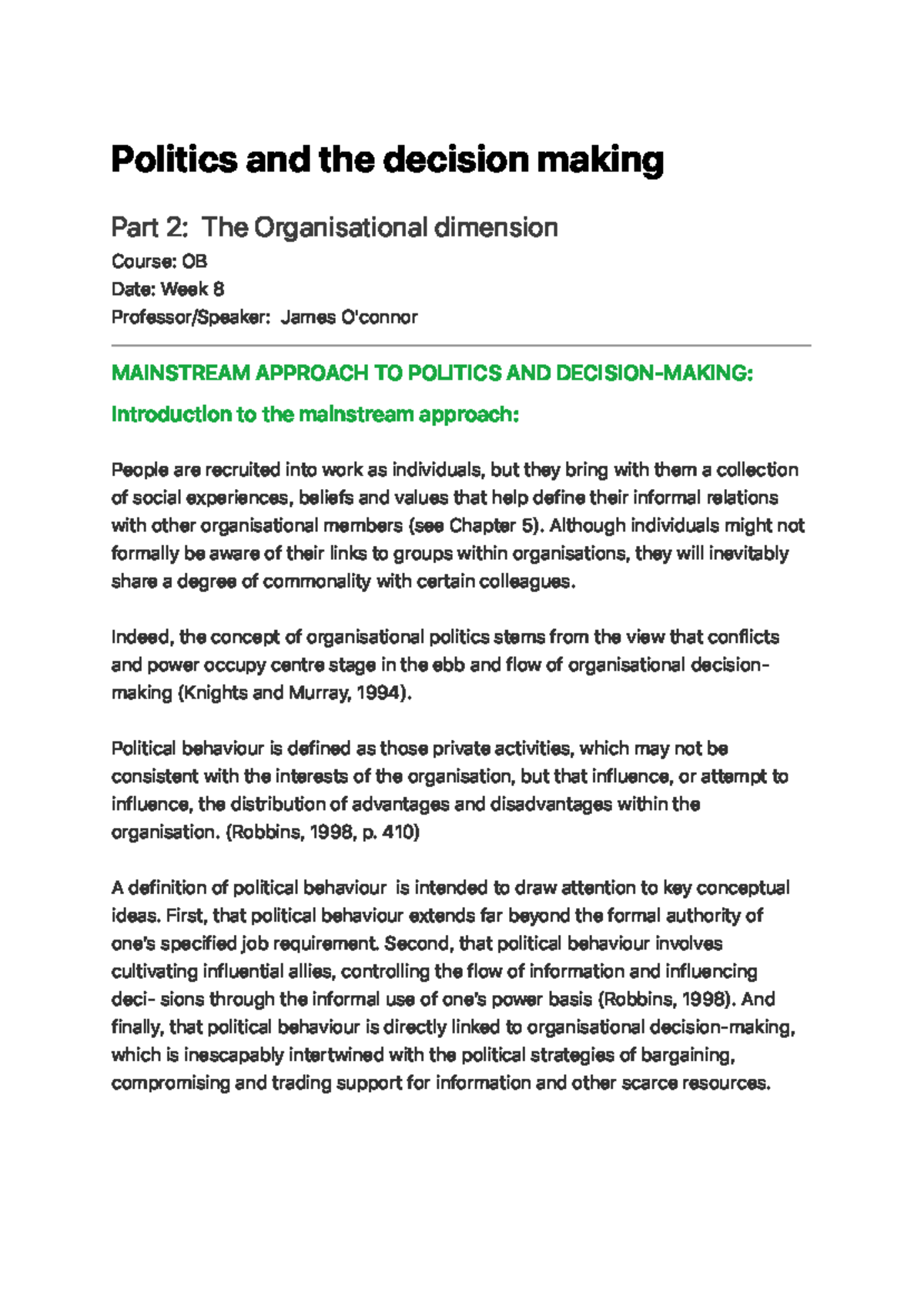 Politics and the decision making - WORK2218 - USyd - Studocu
