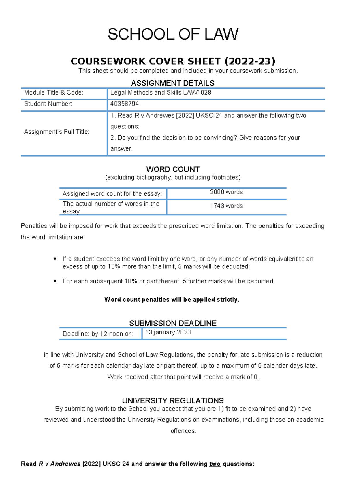 Legal methods and skills coursework - SCHOOL OF LAW COURSEWORK COVER SHEET (2022-23) This sheet ...