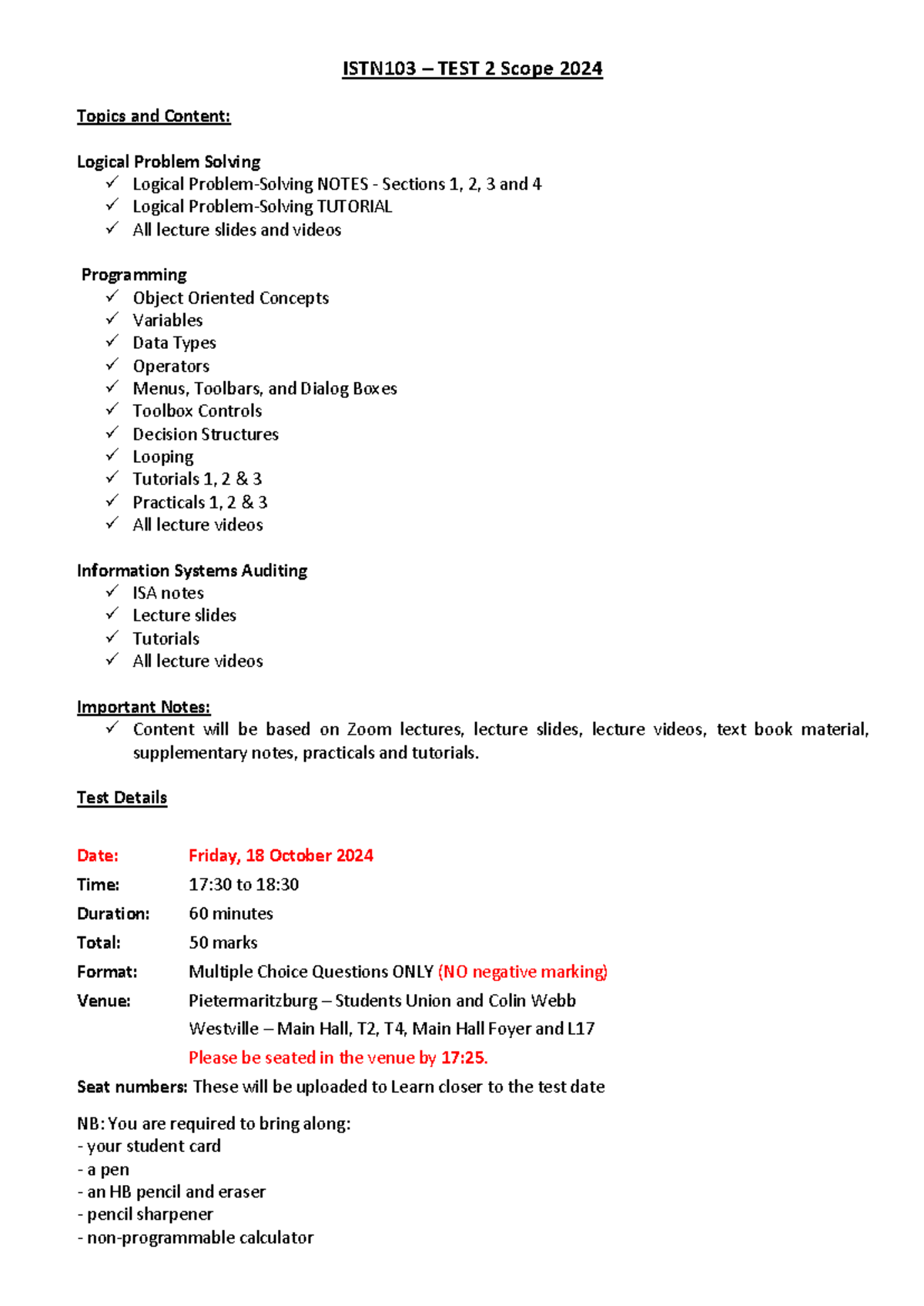 ISTN103 - Scope for Test 2-1 - ISTN103 – TEST 2 Scope 2024 Topics and ...