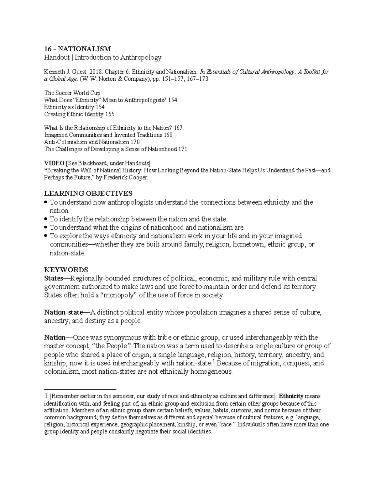 16 - Nationalism - Lecture notes 16-16 - 16 - NATIONALISM Handout ...