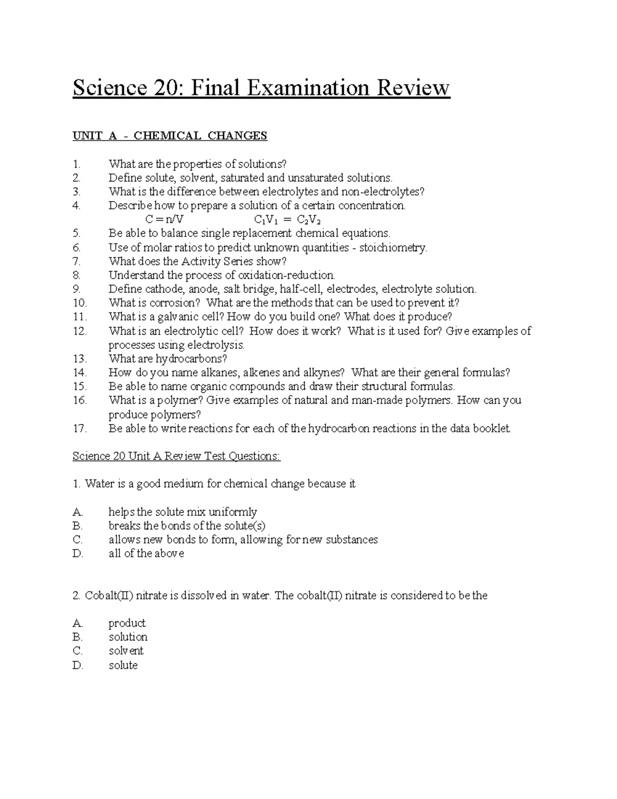 Final Review - Assignment - Science 20: Final Examination Review UNIT A - CHEMICAL CHANGES What ...