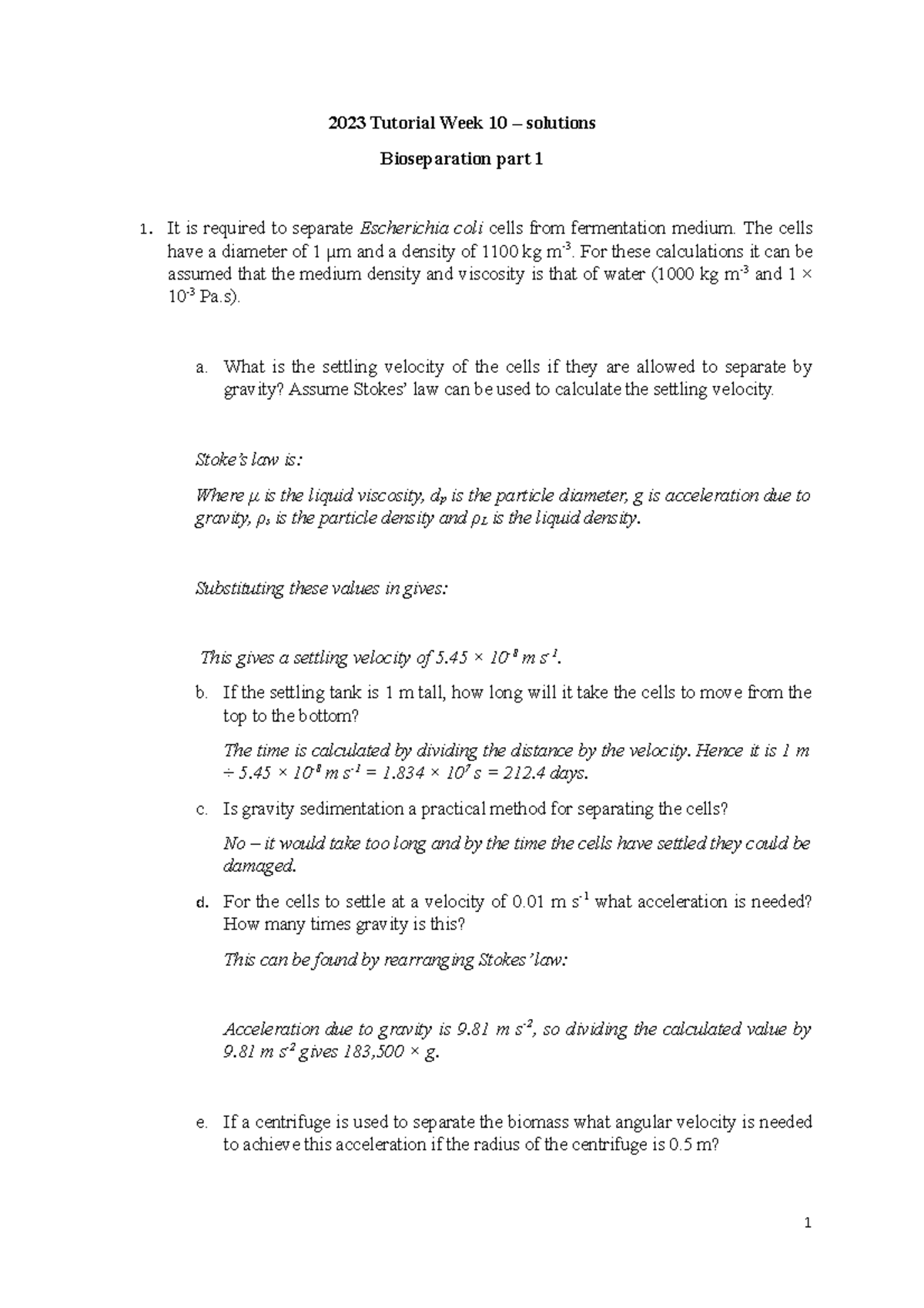 Tutorial 10 Solutions - 2023 Tutorial Week 10 – solutions Bioseparation part 1 It is required to ...