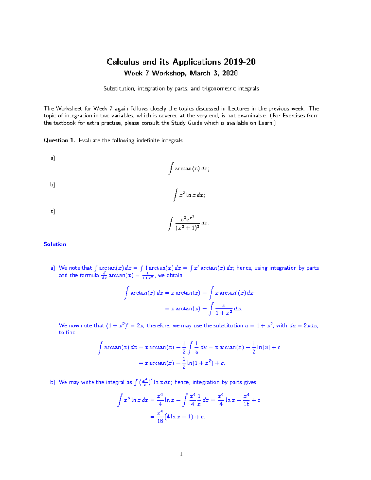 Worksheet 7 with Solutions - Calculus and its Applications 2019- Week 7 ...