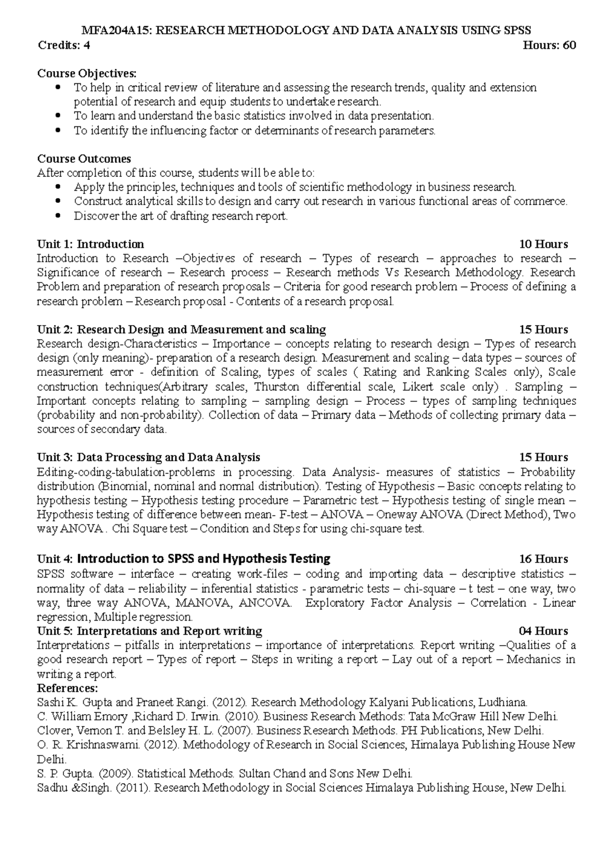 RM - Syllabus - I M.COM FA - MFA204A15: RESEARCH METHODOLOGY AND DATA ANALYSIS USING SPSS ...