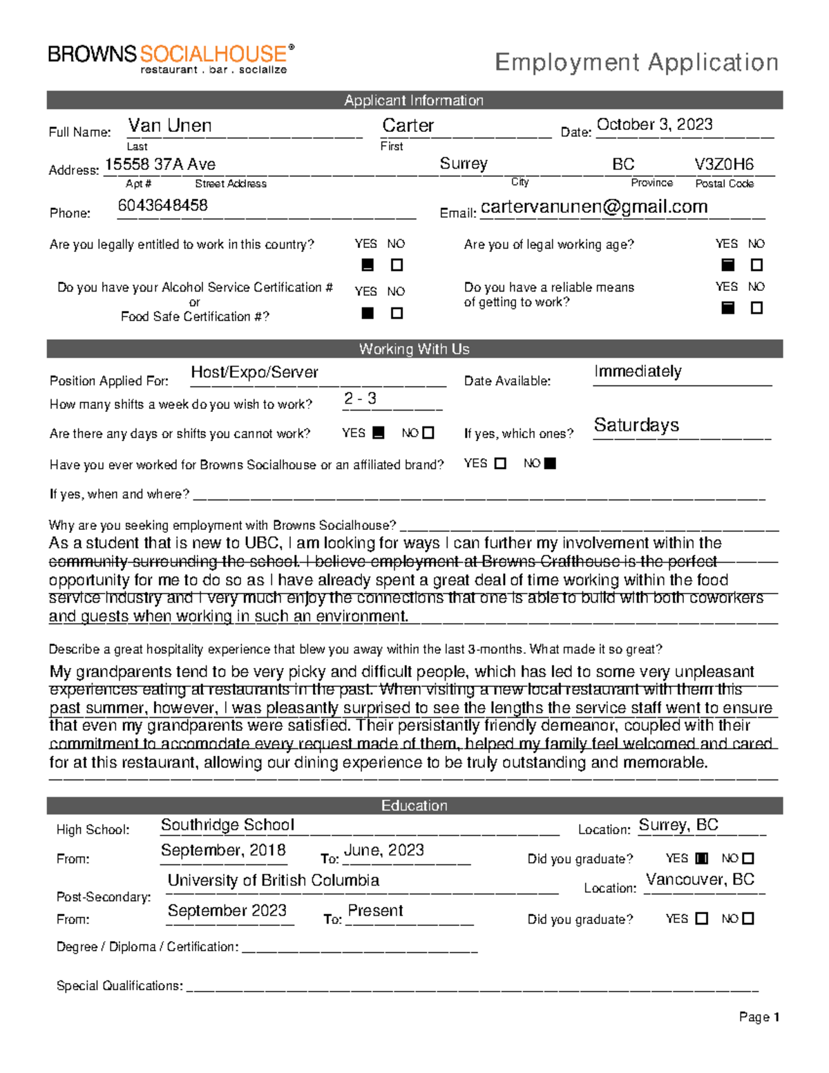 Browns Application Form - Employment Application Page 1 Applicant ...