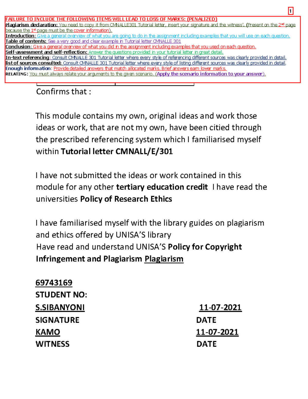 69743169 DPR1505 02 MARK078100 - DECLARATION OF OWN WORK I, SIMPHIWE SIBANYONI Confirms that ...