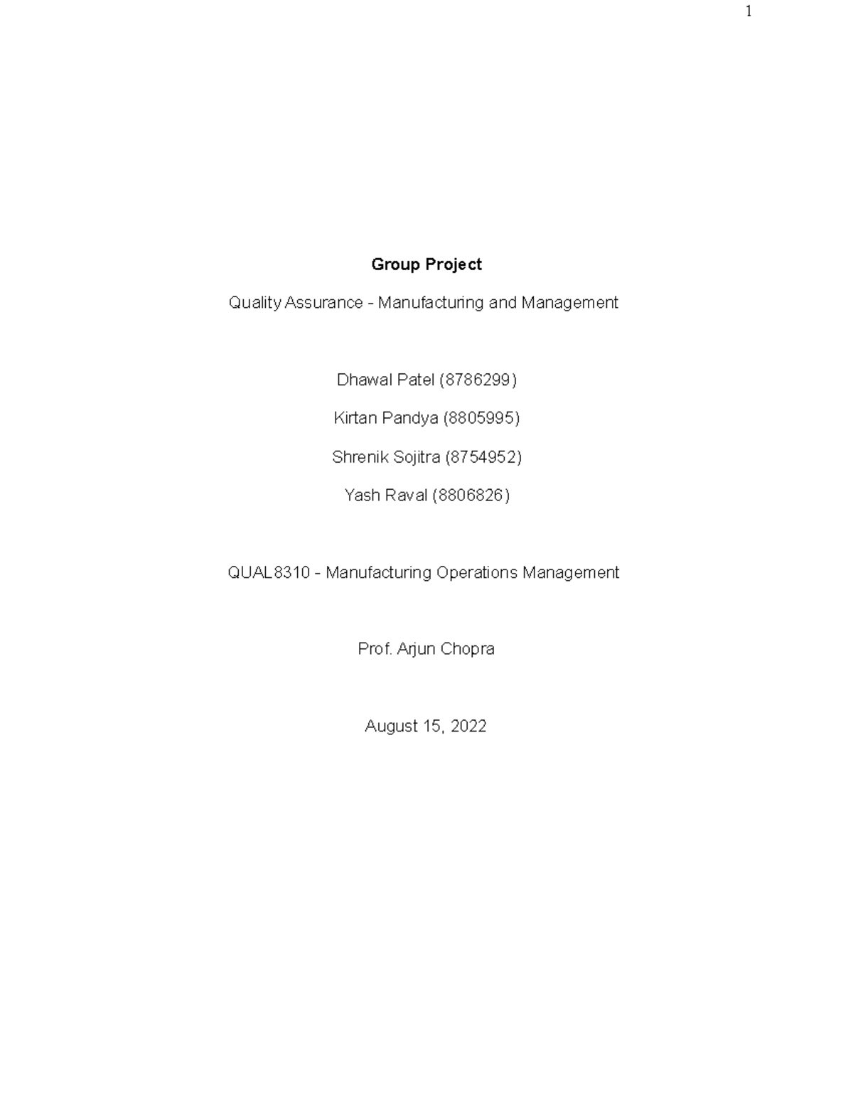 Report Group 2 - Group Project Quality Assurance - Manufacturing and ...