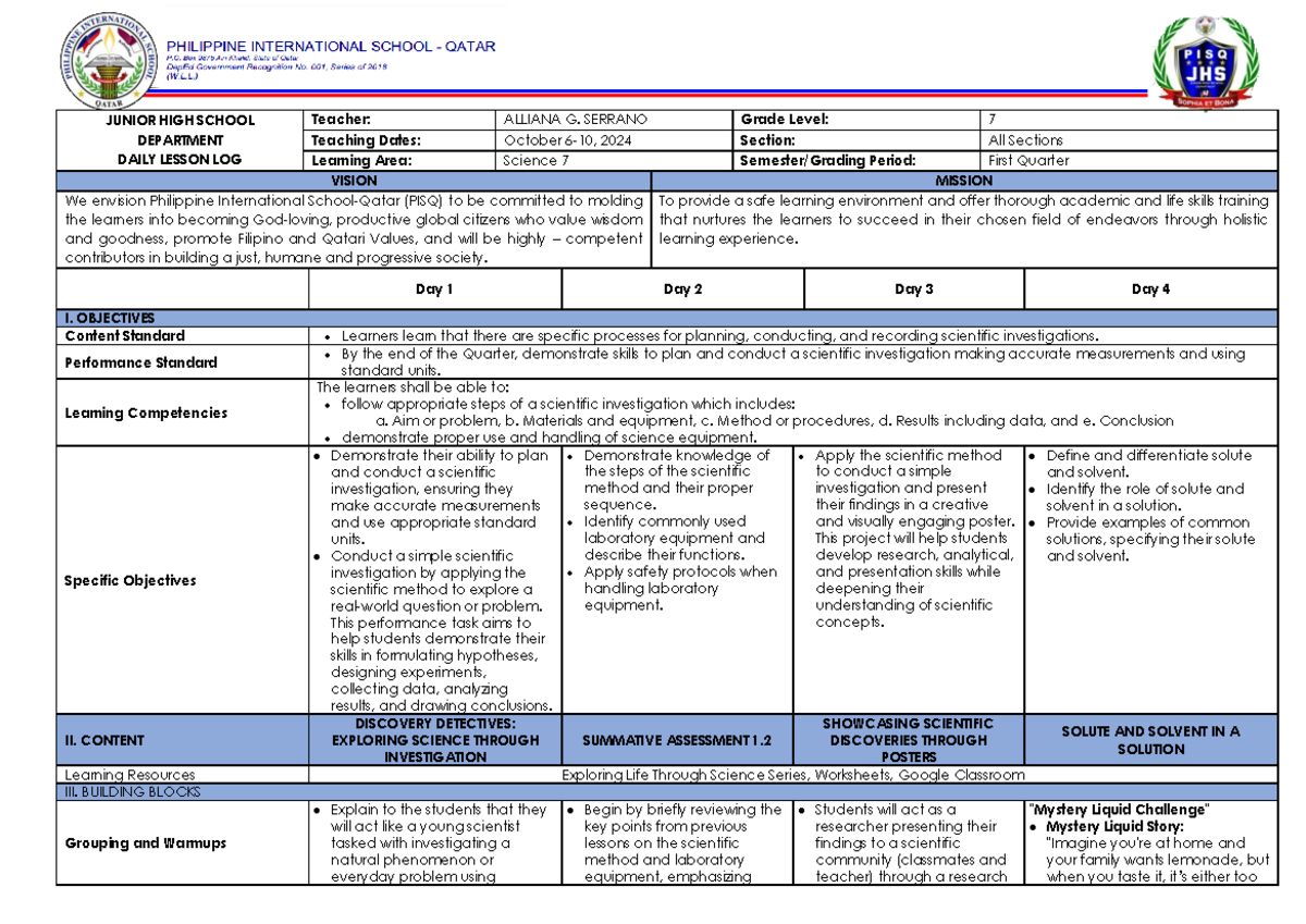 WEEK 6 Oct 6-10 - DLL - JUNIOR HIGH SCHOOL DEPARTMENT DAILY LESSON LOG ...