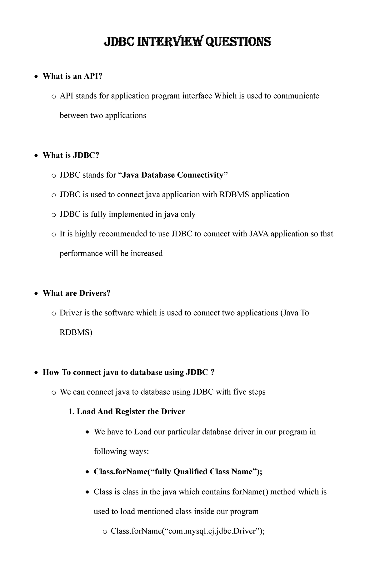JDBC interview Questions - JDBC IntervIew questIons What is an API? o API stands for application ...