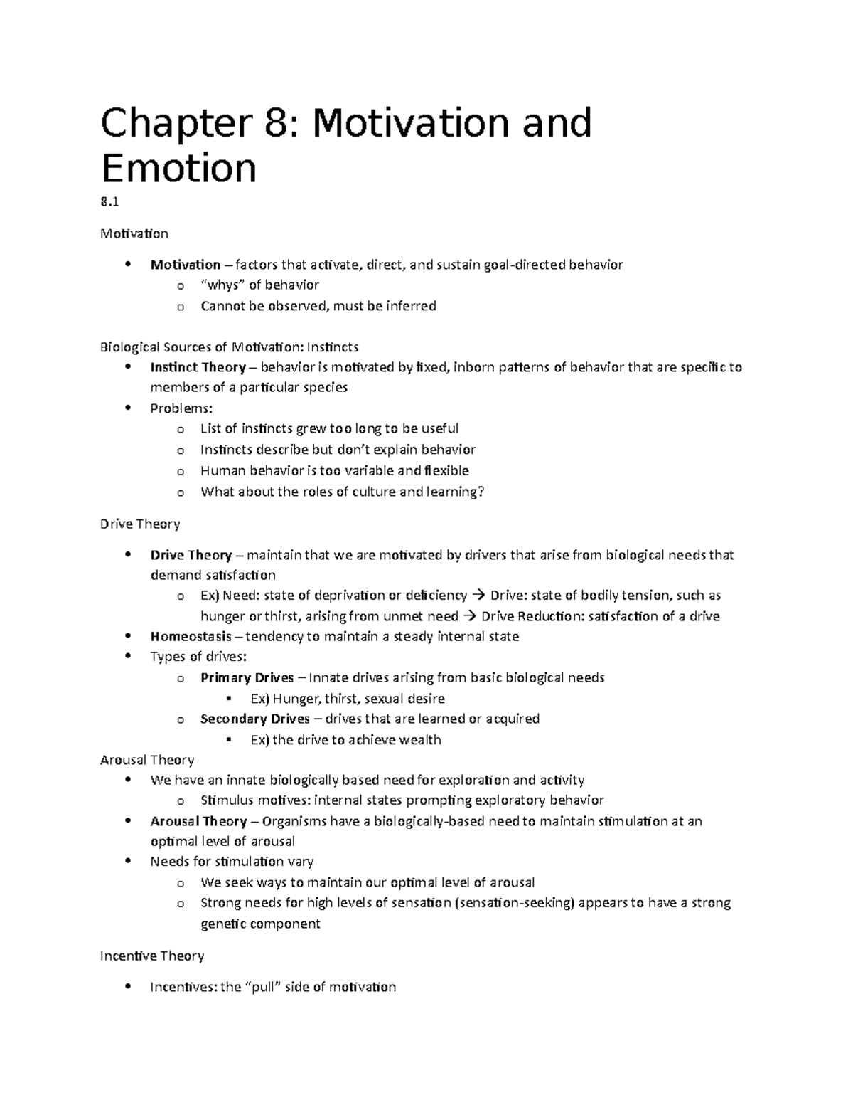 Chapter 8 Motivation and Emotion - Motivation Motivation – factors that ...