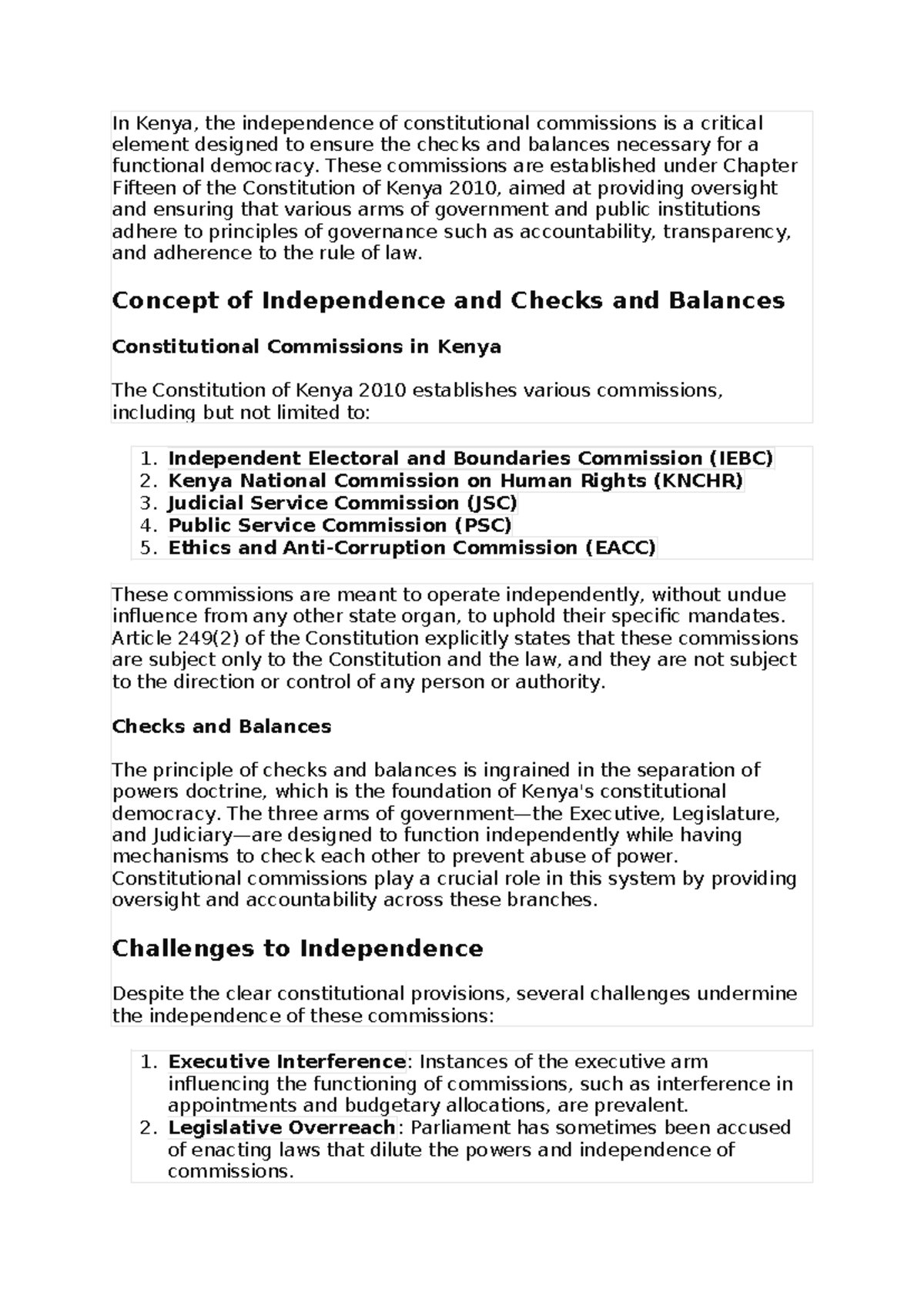 Question 12 Conlaw II Pointers - In Kenya, the independence of ...