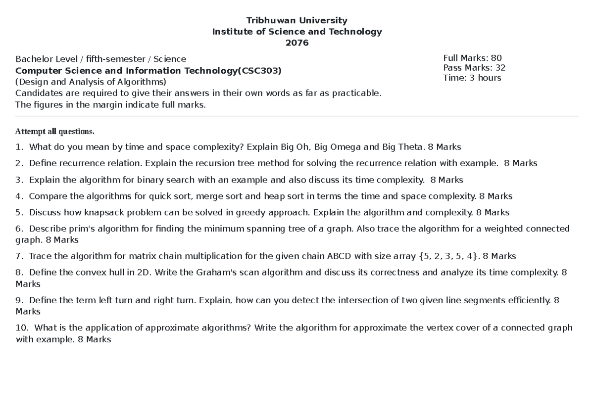 DAA 303 - notes and syllabus - CSIT - TU - Studocu