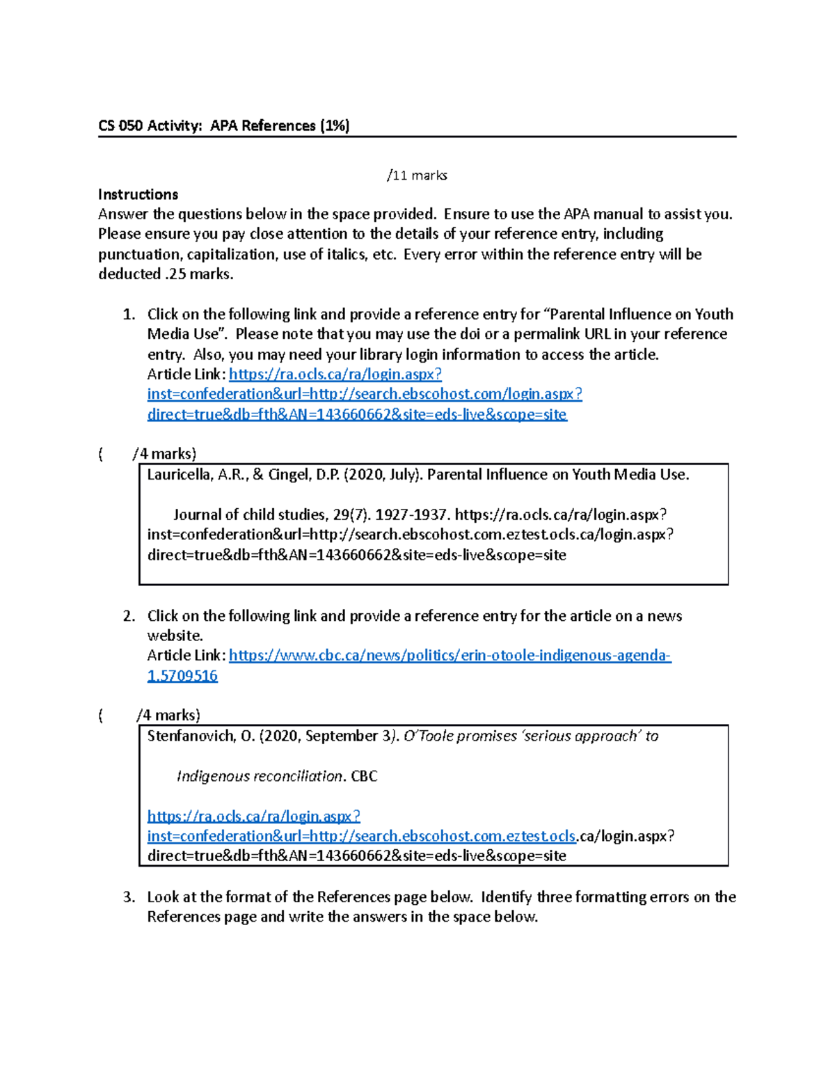 CS 050 Activity References - CS 050 Activity: APA References (1%) /11 ...