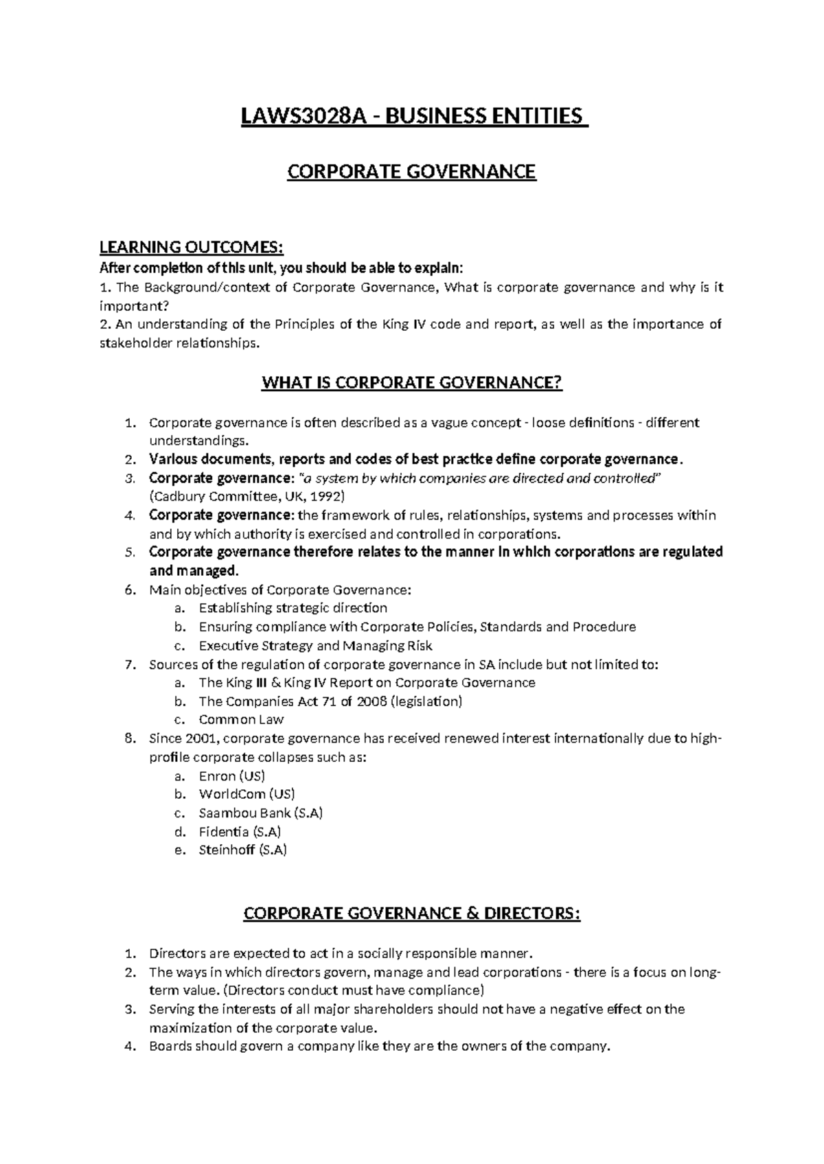 Study Notes - Corporate Governance - LAWS3028A - BUSINESS ENTITIES ...