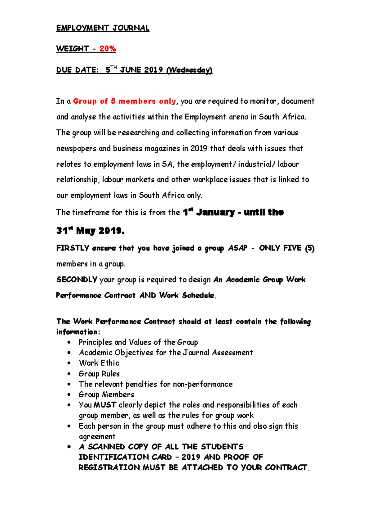 Employment Journal Assessment 2019 - EMPLOYMENT JOURNAL WEIGHT - 20% ...