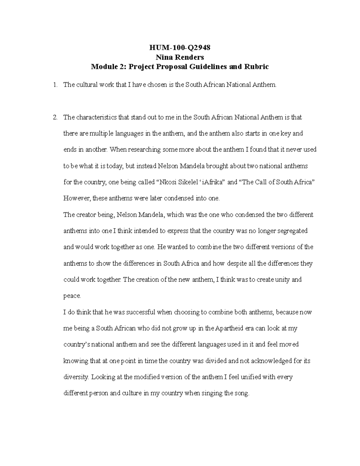 HUM module 2 - HUM-100-Q Nina Renders Module 2: Project Proposal ...