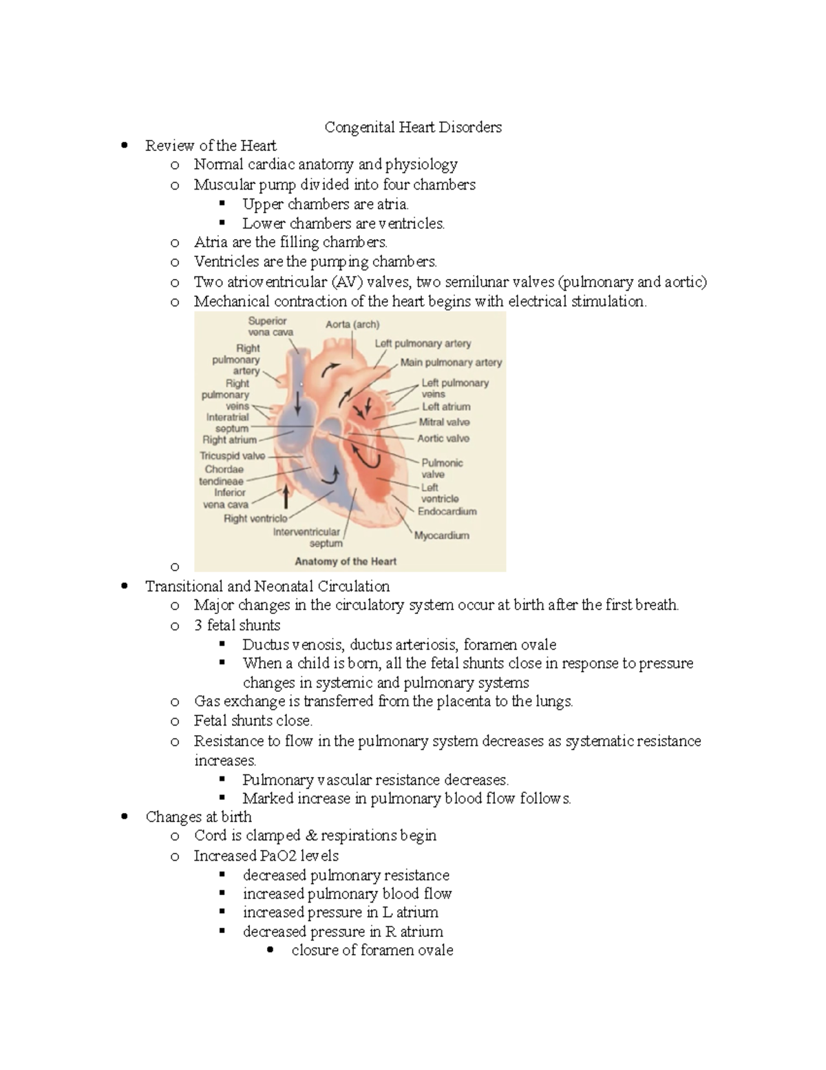 Peds Cardiac Notes - Congenital Heart Disorders Review of the Heart o ...