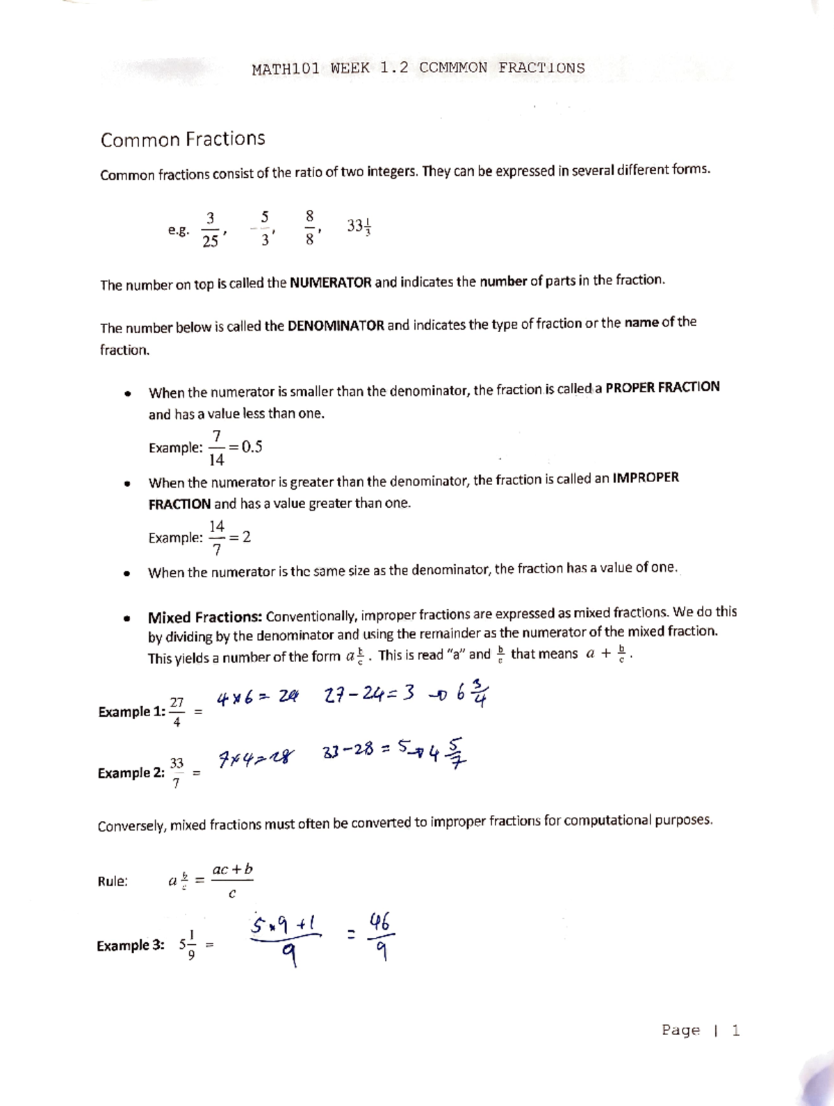 Week 1 Complete - Week 1 - MATH101 WEEK 1 COMMMON FRACTIONS ...