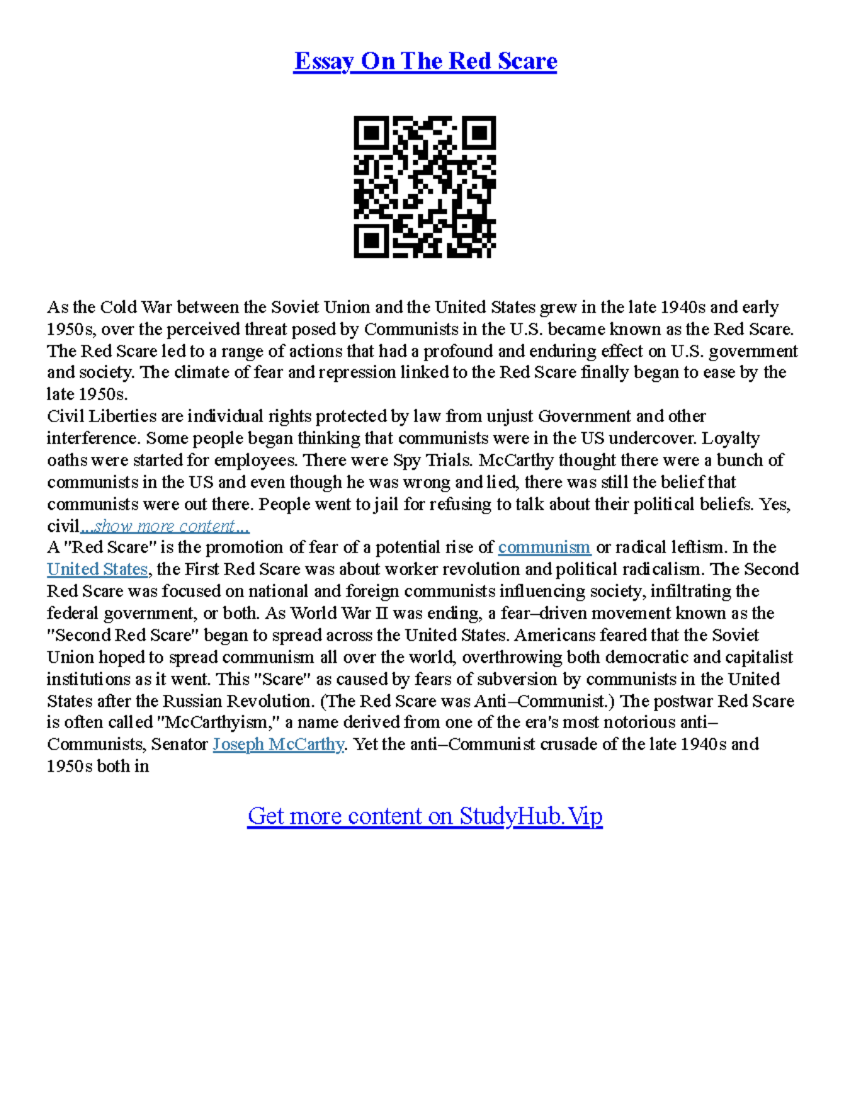 Red Scare Essay - Essay On The Red Scare As the Cold War between the ...