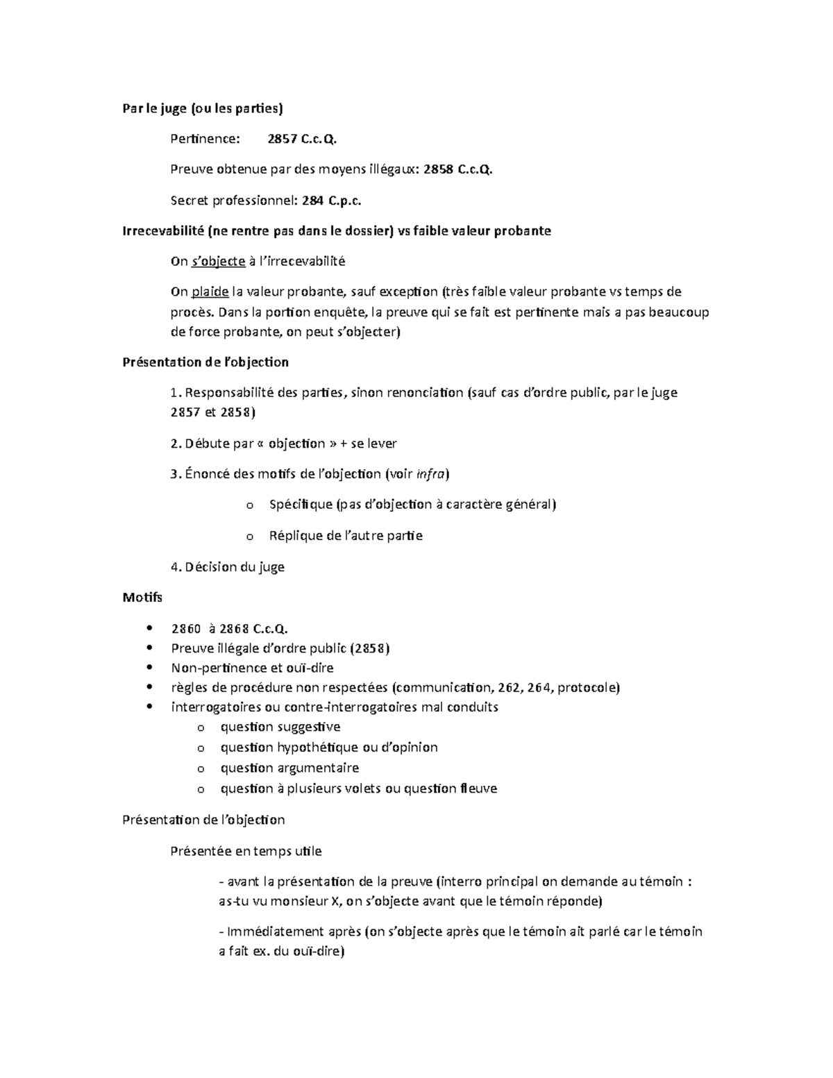 Note de cours sur l'objection - Par le juge (ou les parties) Pertinence ...