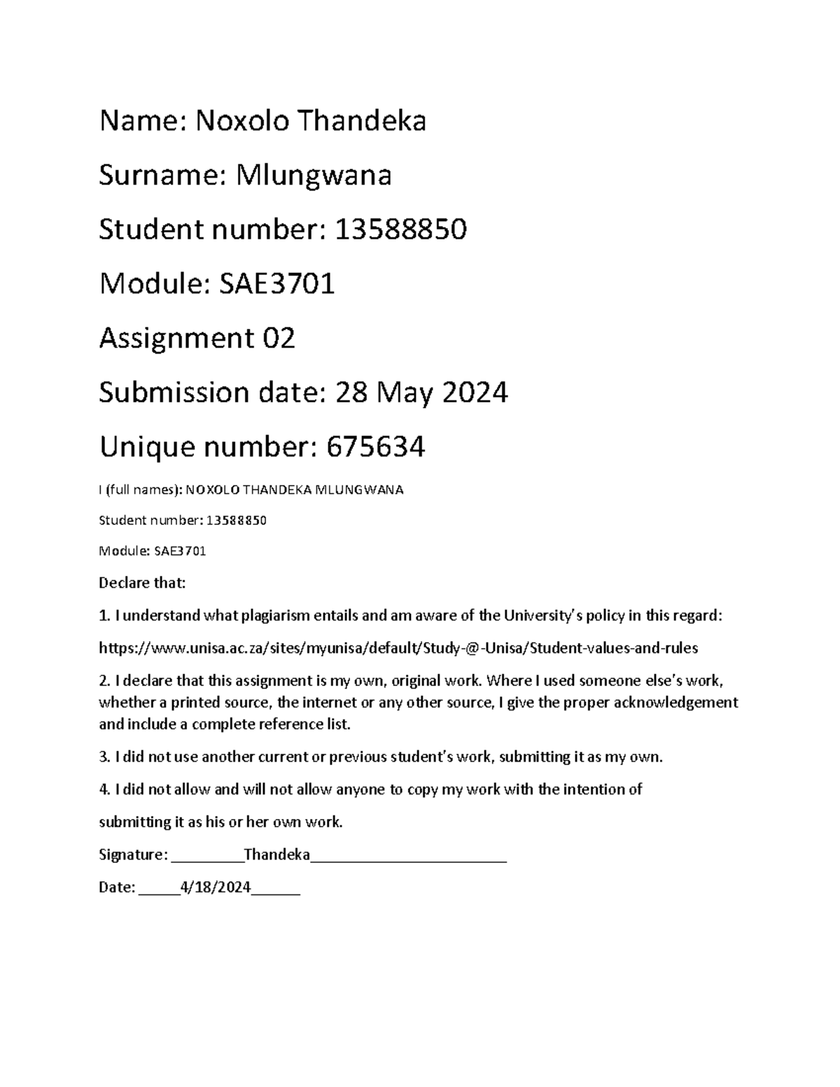 Noxolo Thandeka Mlungwana 14165308 0 - Name: Noxolo Thandeka Surname ...