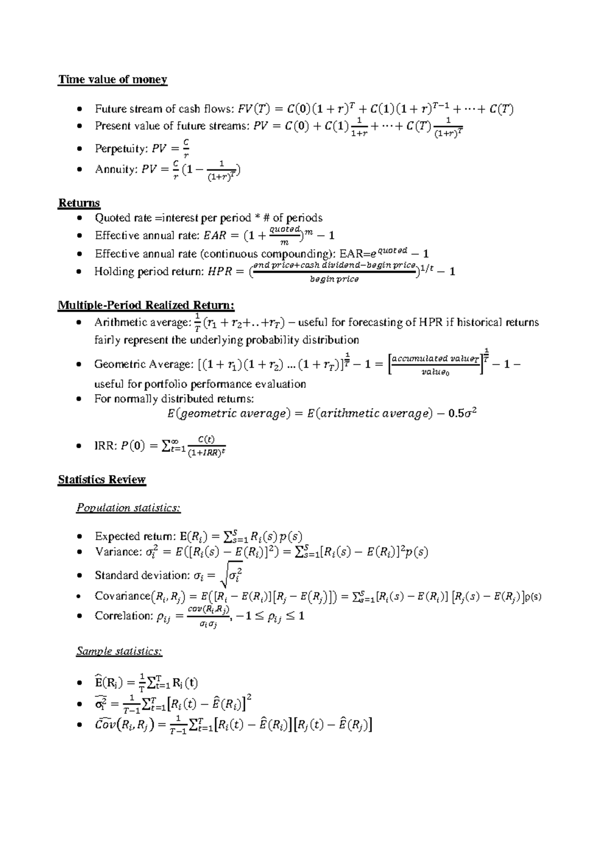Financial Economics - Formulas - Time value of money Future stream of ...