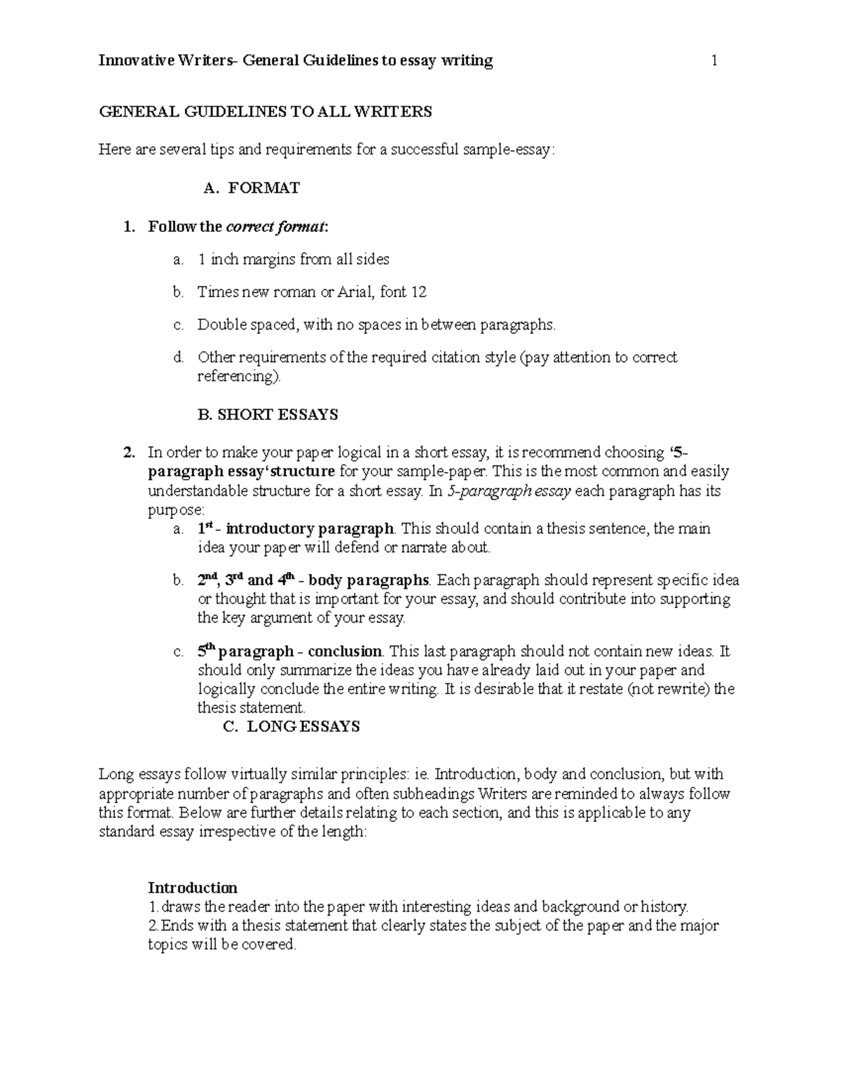 WRITING GUIDELINES - Innovative Writers- General Guidelines to essay ...