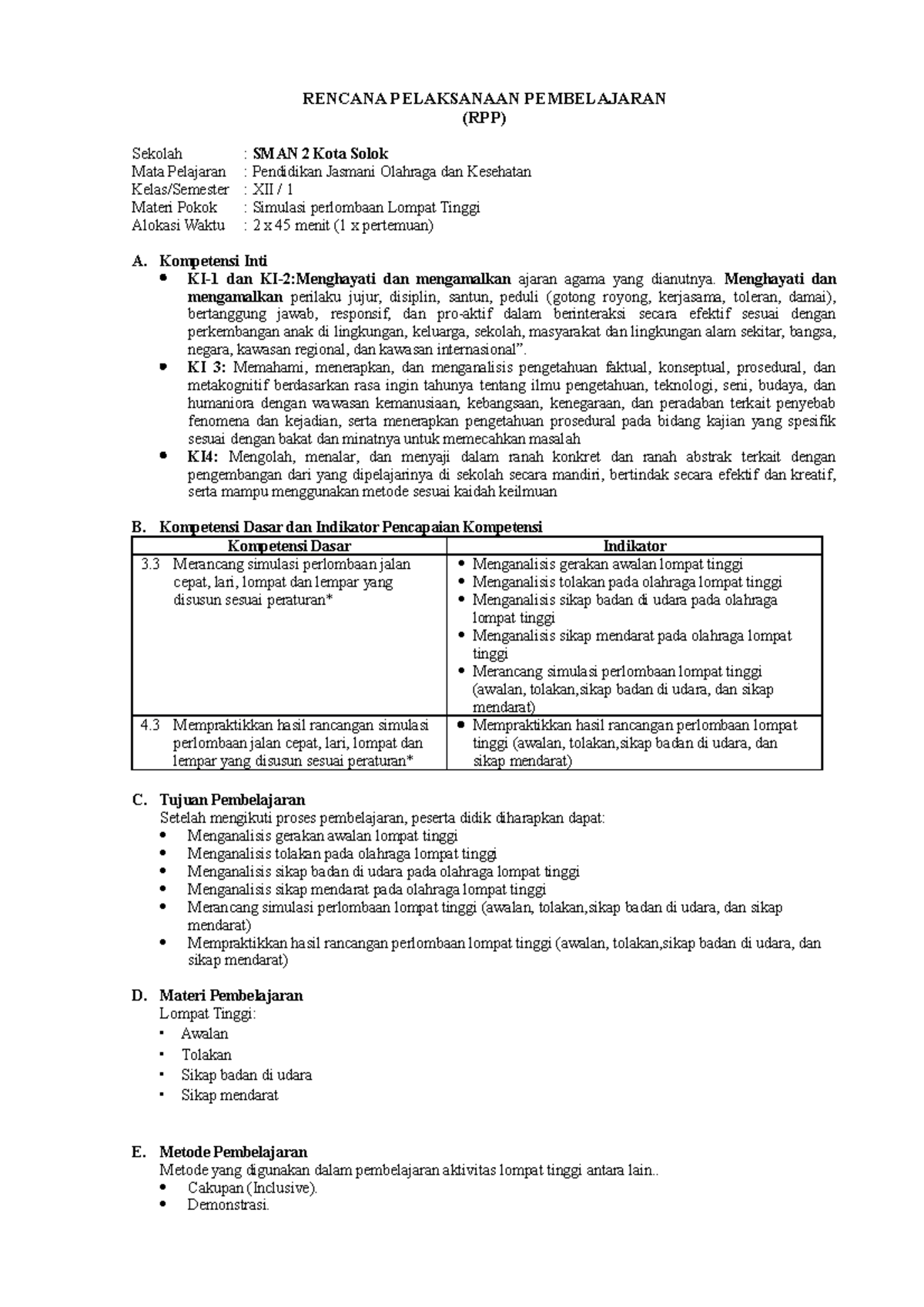 12. RPP 3.3 - Pembelajaran Atletik Melalui Lompat Tinggi - RENCANA ...