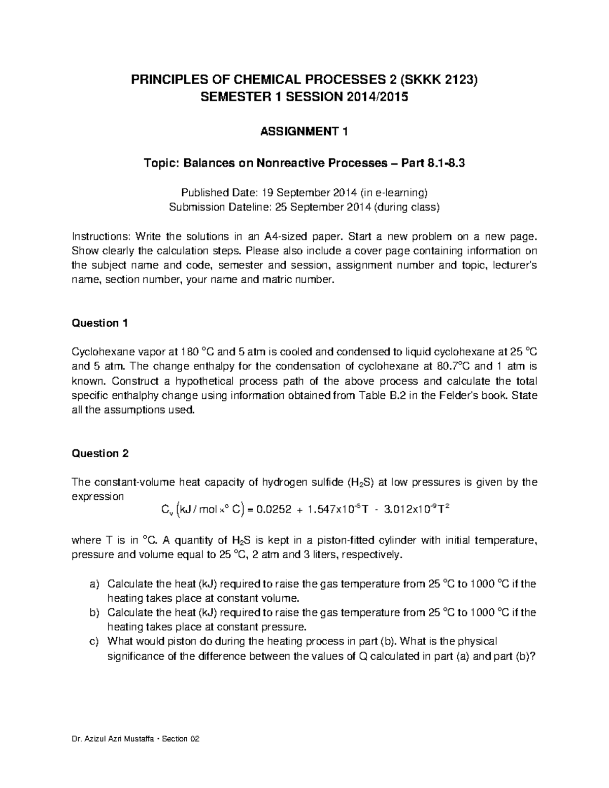 Assignment 1 -Balances on Nonreactive Processes – Part 8.1-8.3 - Dr ...