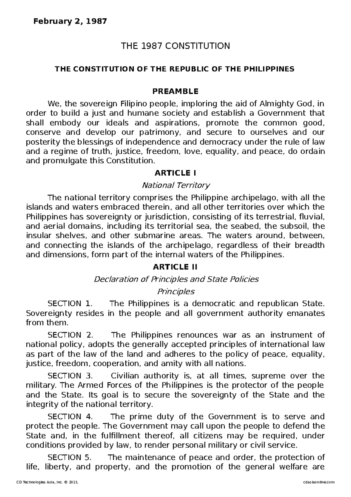 1987 Constitution - February 2, 1987 THE 1987 CONSTITUTION THE ...