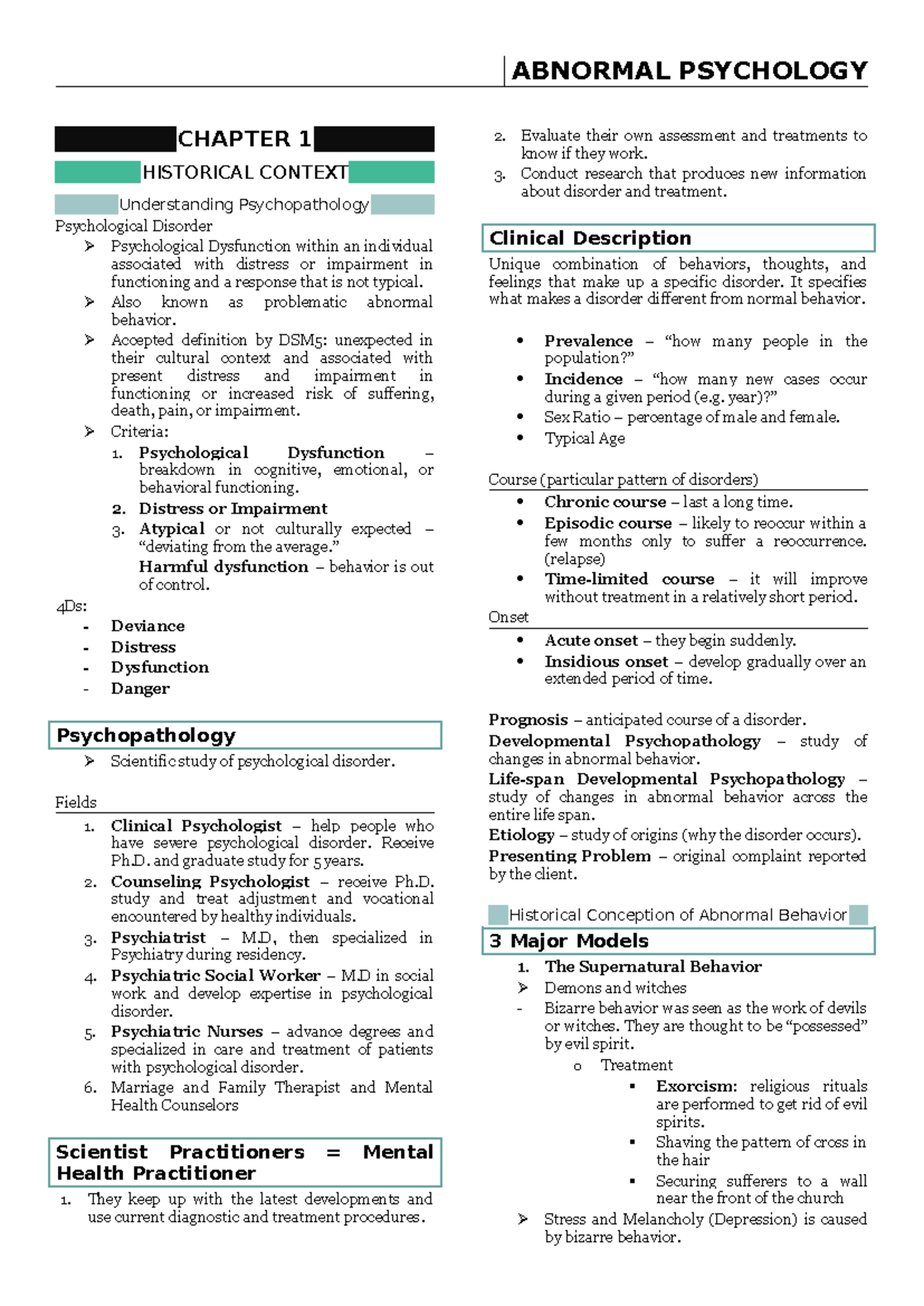 Abpsy - Abnormal Psychology notes from Barlow - CHAPTER 1 HISTORICAL ...