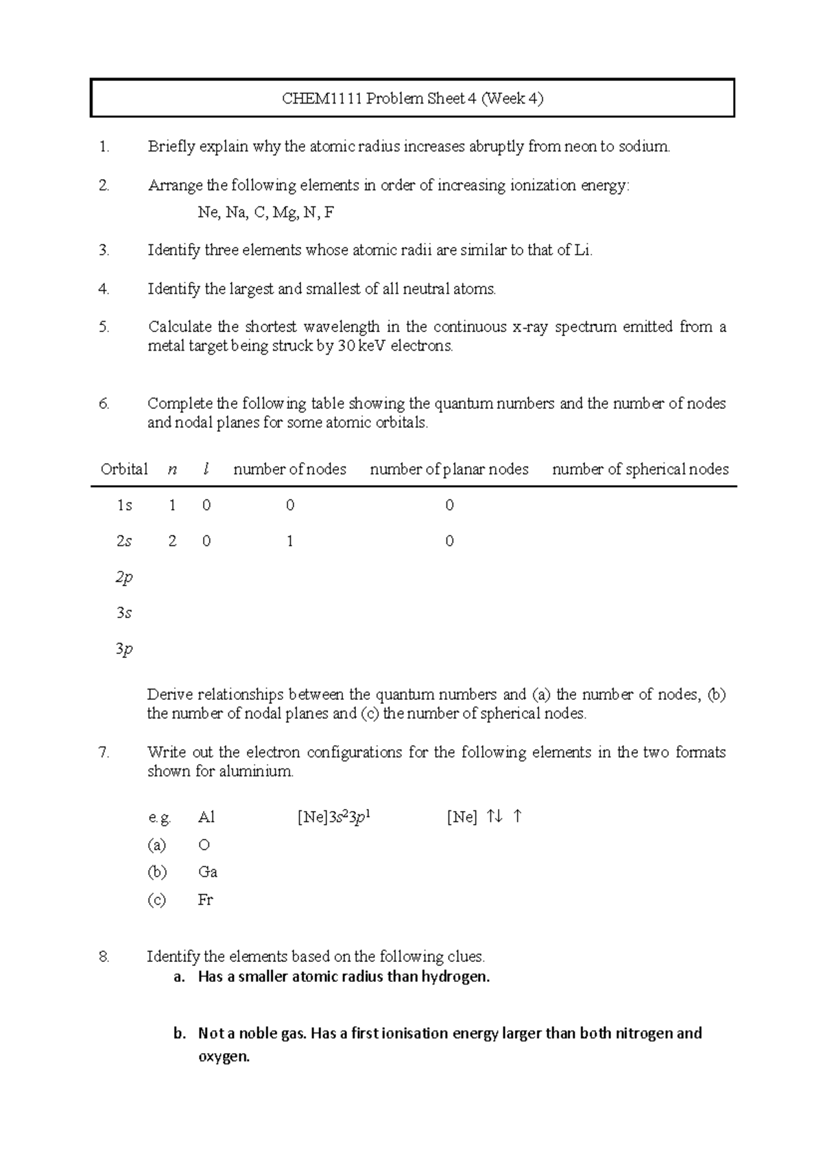 CHEM1111 Homework 04-1 - CHEM1111 Problem Sheet 4 (Week 4) Briefly ...