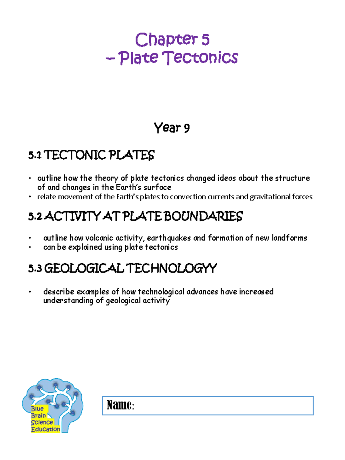 Chaptor 5 -Plate Tectonics - Name: Chapter 5 – Plate Tectonics Year 9 5 ...
