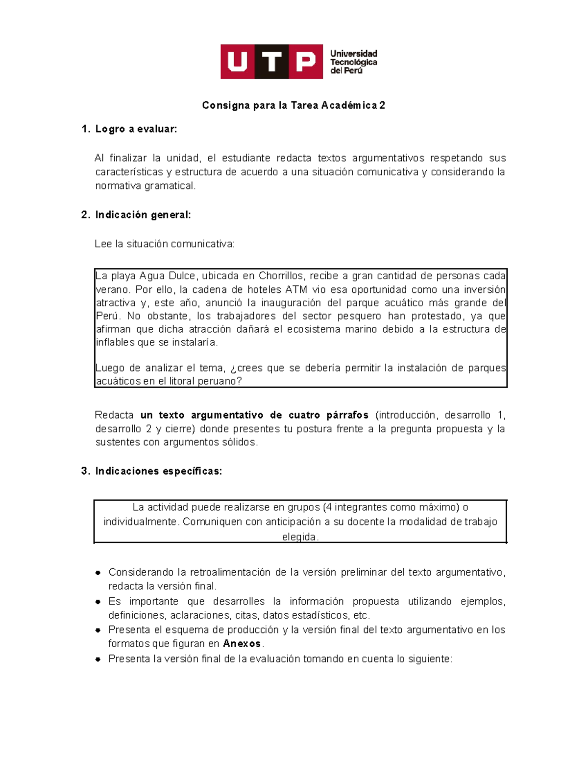 S12 TA2 Comprensiony Redaccionde Textos - Consigna para la Tarea Académica 2 Logro a evaluar: Al ...