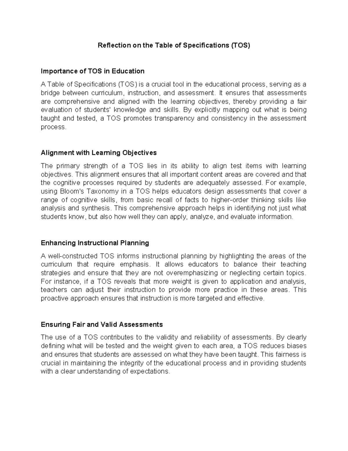 Reflection on the Table of Specifications - It ensures that assessments ...