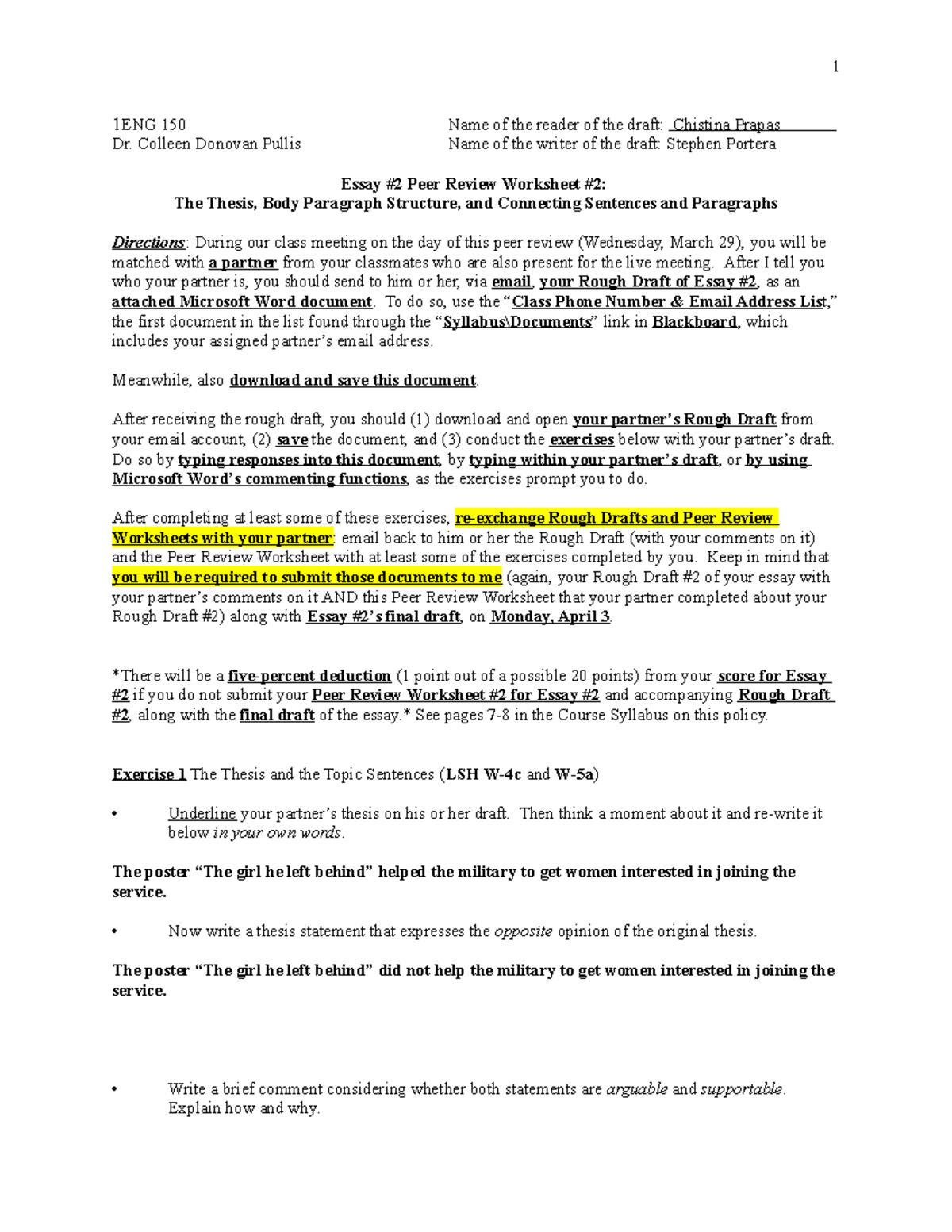 Peer Review Worksheet Essay 2 Draft 1 Portera - 1 ENG 150 Name of the ...